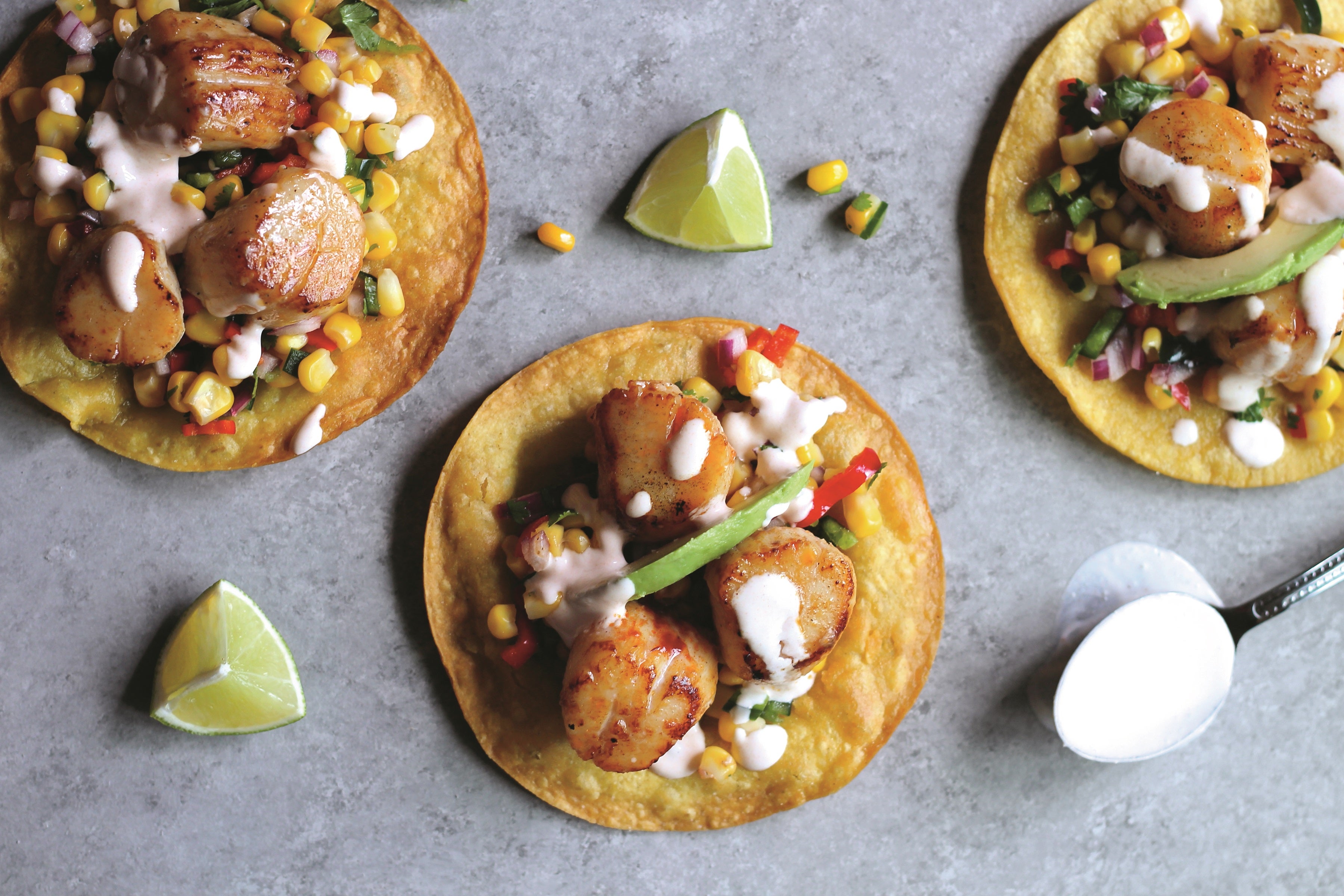 Scallop Tostadas with Corn Salsa and Chipotle Crema | TASTE