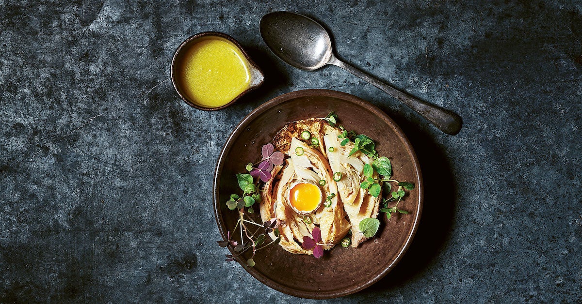 Charcoal-Roasted Savoy Cabbage with Lemon Sauce and Quail’s Egg | TASTE