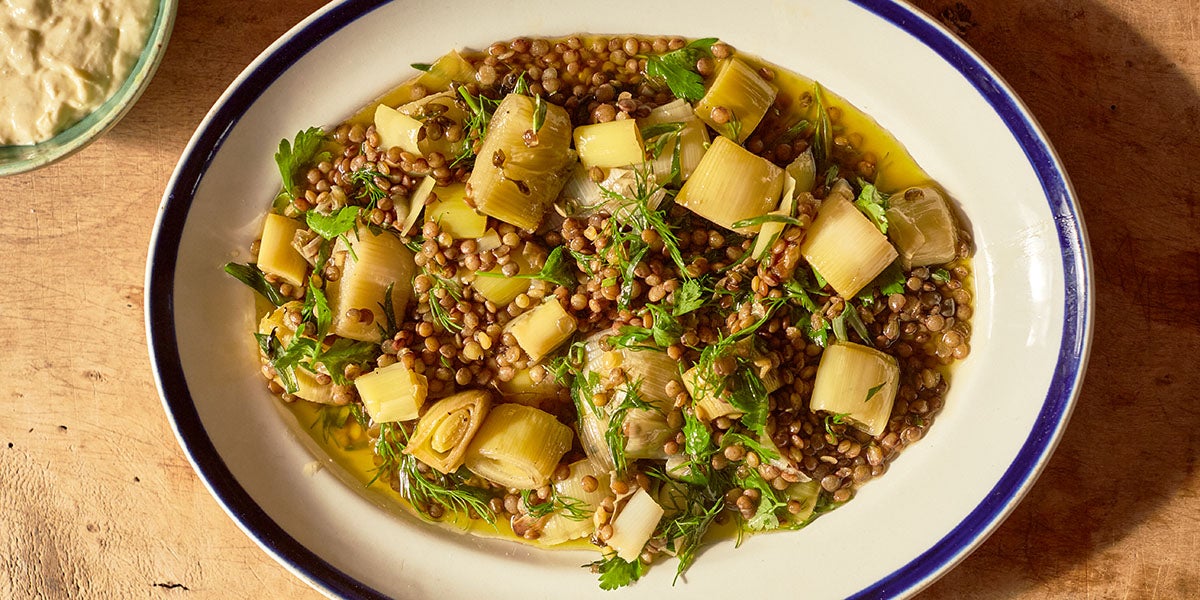 Confit Leeks with Puy Lentils and Leek Cream | TASTE